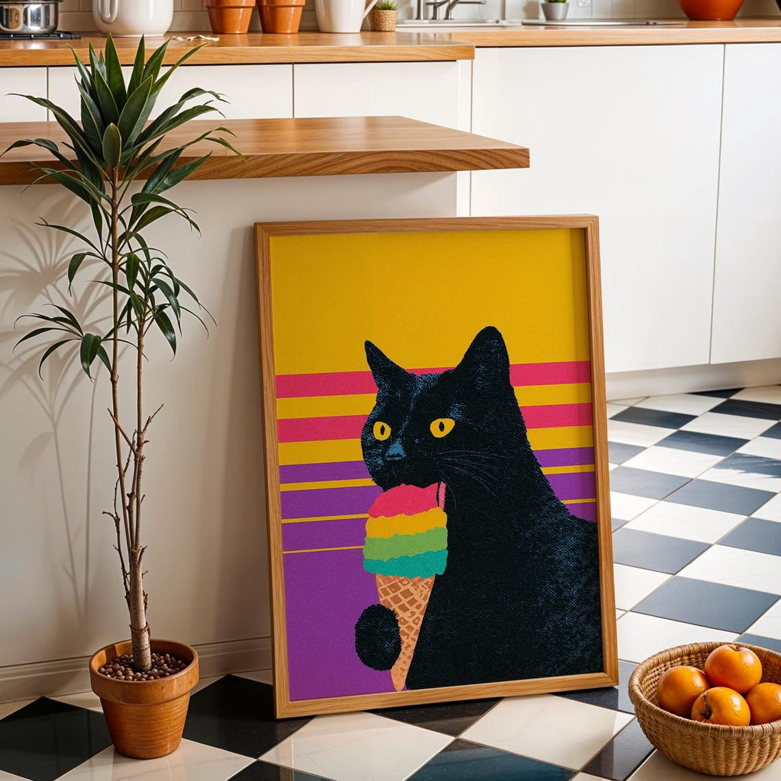 Black Cat Ice Cream Kitchen Wall Art, Unframed Paper Print Size 12x18 ...