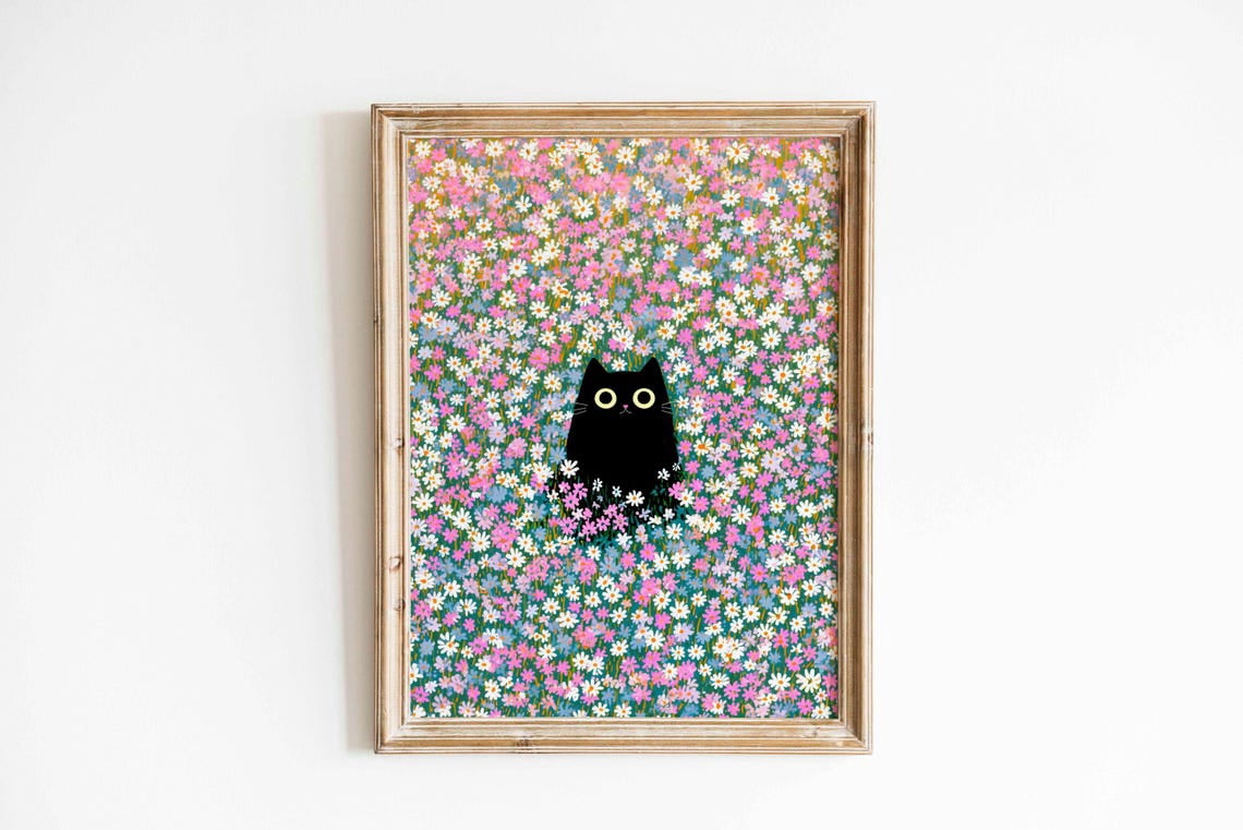 Black Cat In A Sea Of Flowers Poster, Unframed Paper Poster 24x36in ...