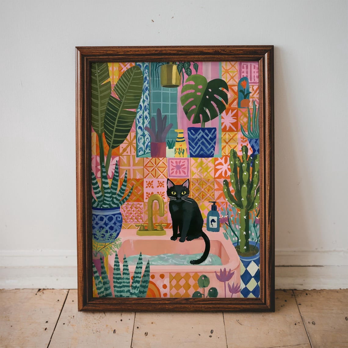 Black Cat In Bathroom Sink Eclectic Botanical Decor Powder Room Lover ...