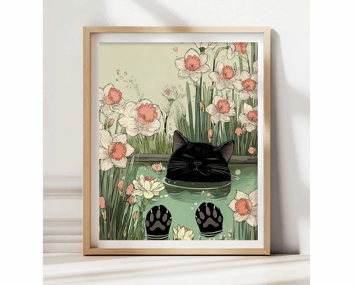 Black Cat In Bathtub Japandi Restroom Bathroom Poster Art, Stretched ...