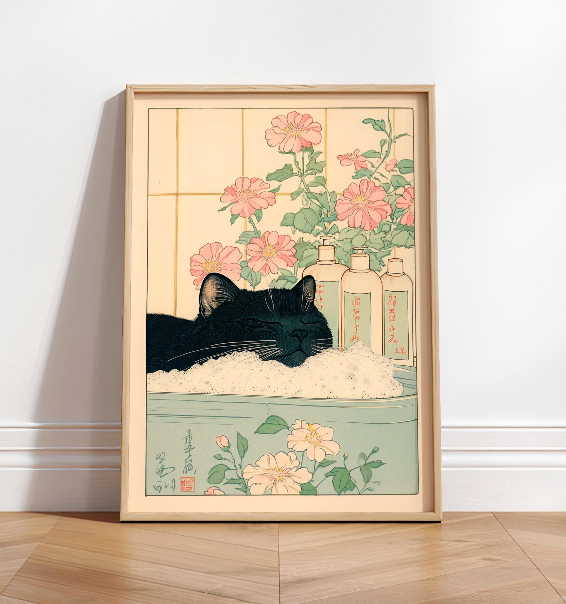 Black Cat In Bathtub: Japanese Bathroom Print, Minimalist Wall Art ...
