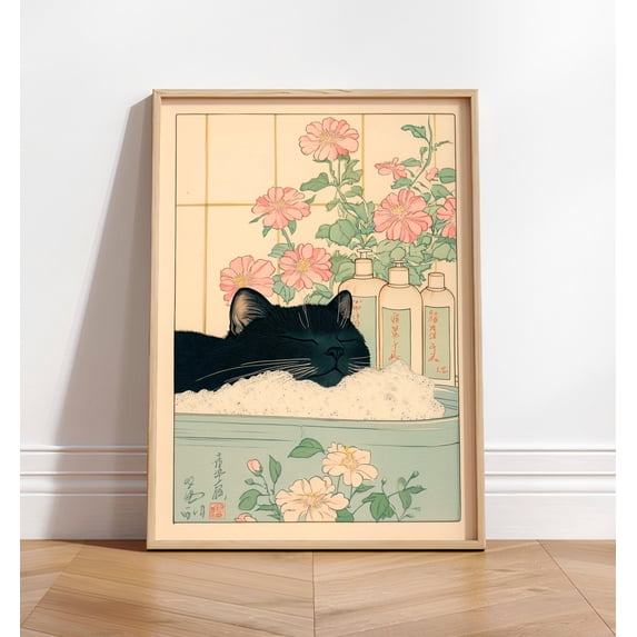 Black Cat In Bathtub: Japanese Bathroom Print, Minimalist Wall Art ...