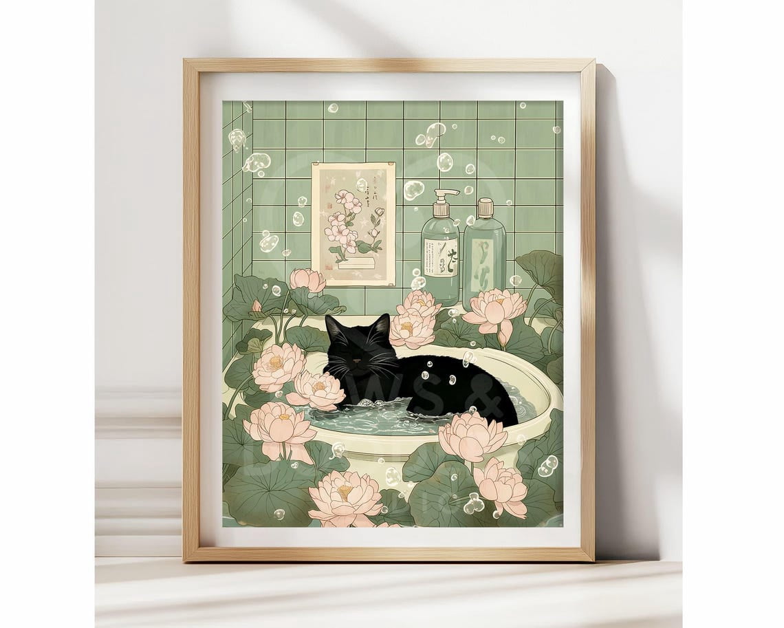 Black Cat In Bathtub Japanese Style Restroom Bathroom Poster Art ...