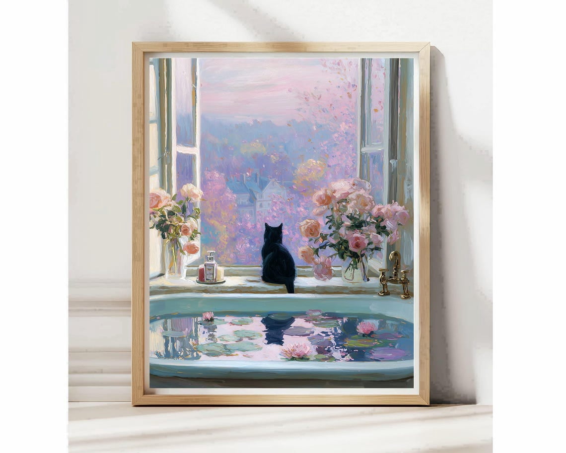 Black Cat In Bathtub Monet Inspired Cottagecore Bathroom Poster ...