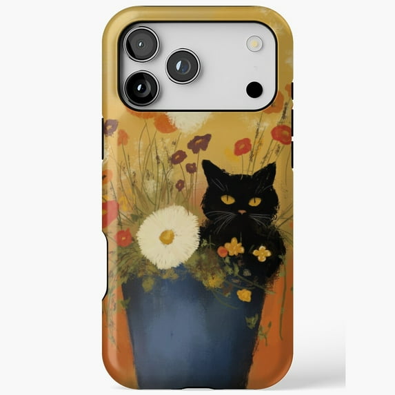 Black Cat In Flower Pot Cute Art iPhone Case 17 11 12 13 14 15 16 Pro ...