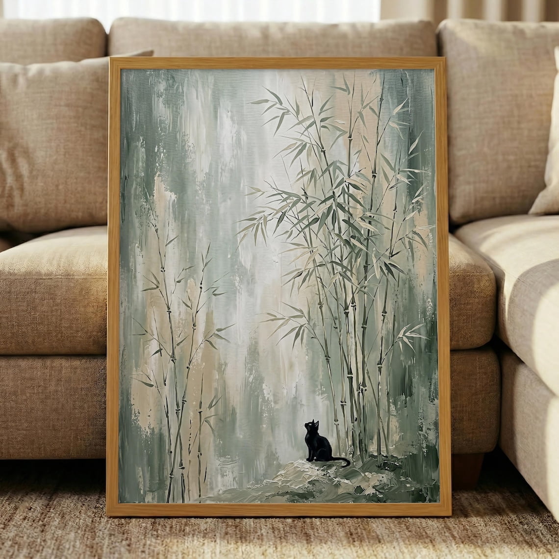 Black Cat In Sage Green Bamboo Contemporary Modern Neutral Nature ...