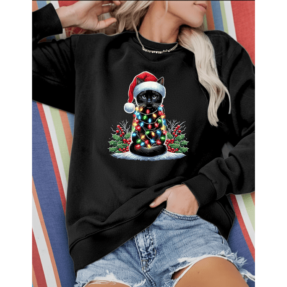 Black Cat In St Nick Hat Funny Meowy Christmas Pun Sweatshirt, for Men ...