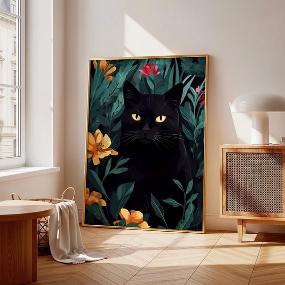 Black Cat In The Flowers Wall Art Print Trendy Home Decor Animal Lover ...