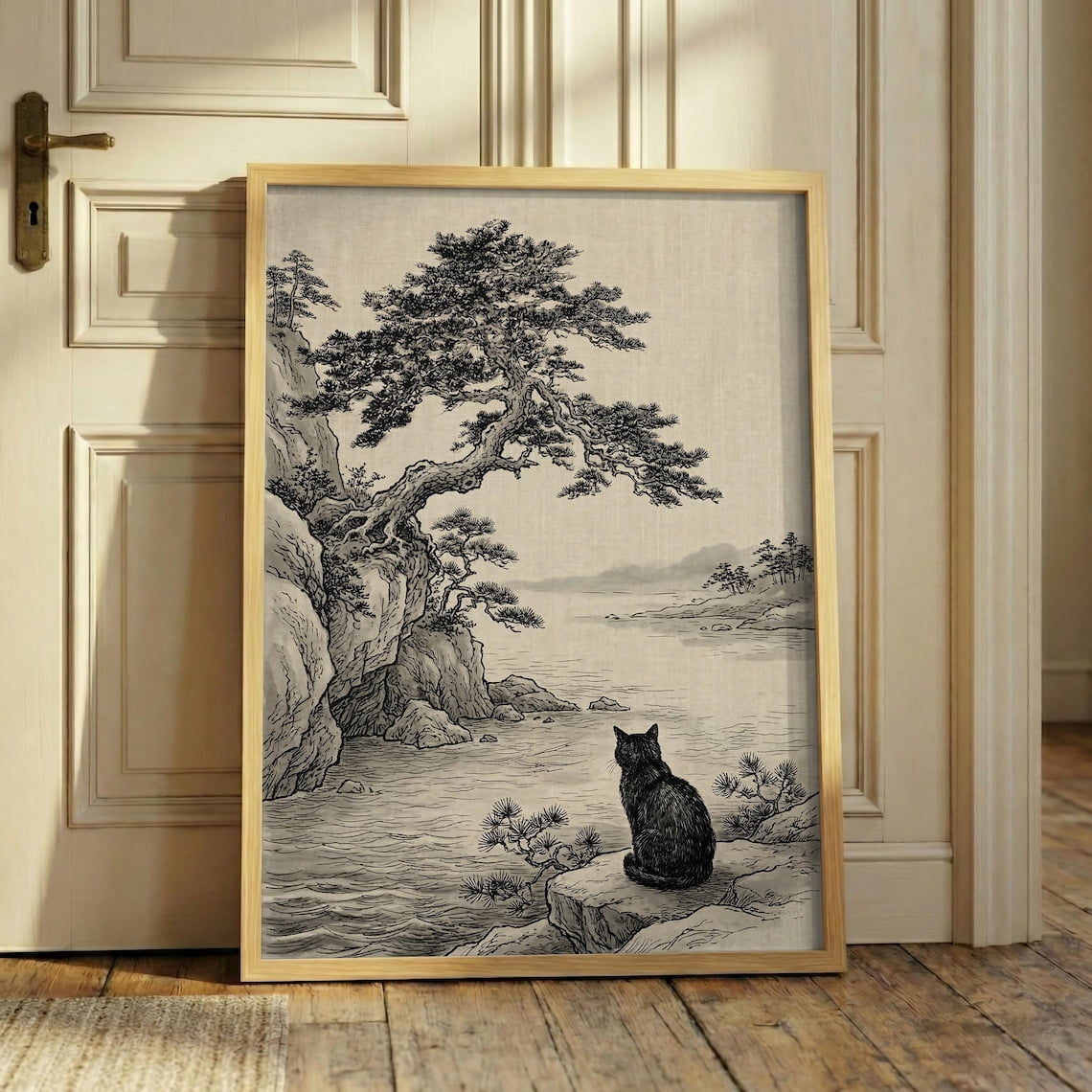 Black Cat Japanese Ink Coastal Landscape Poster Unframed Paper Print ...
