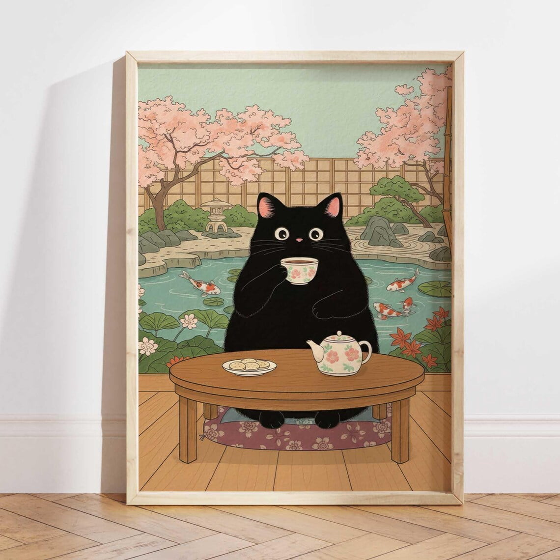 Black Cat Japanese Tea Kitchen Sakura Koi Pond Wall Decor, Unframed ...