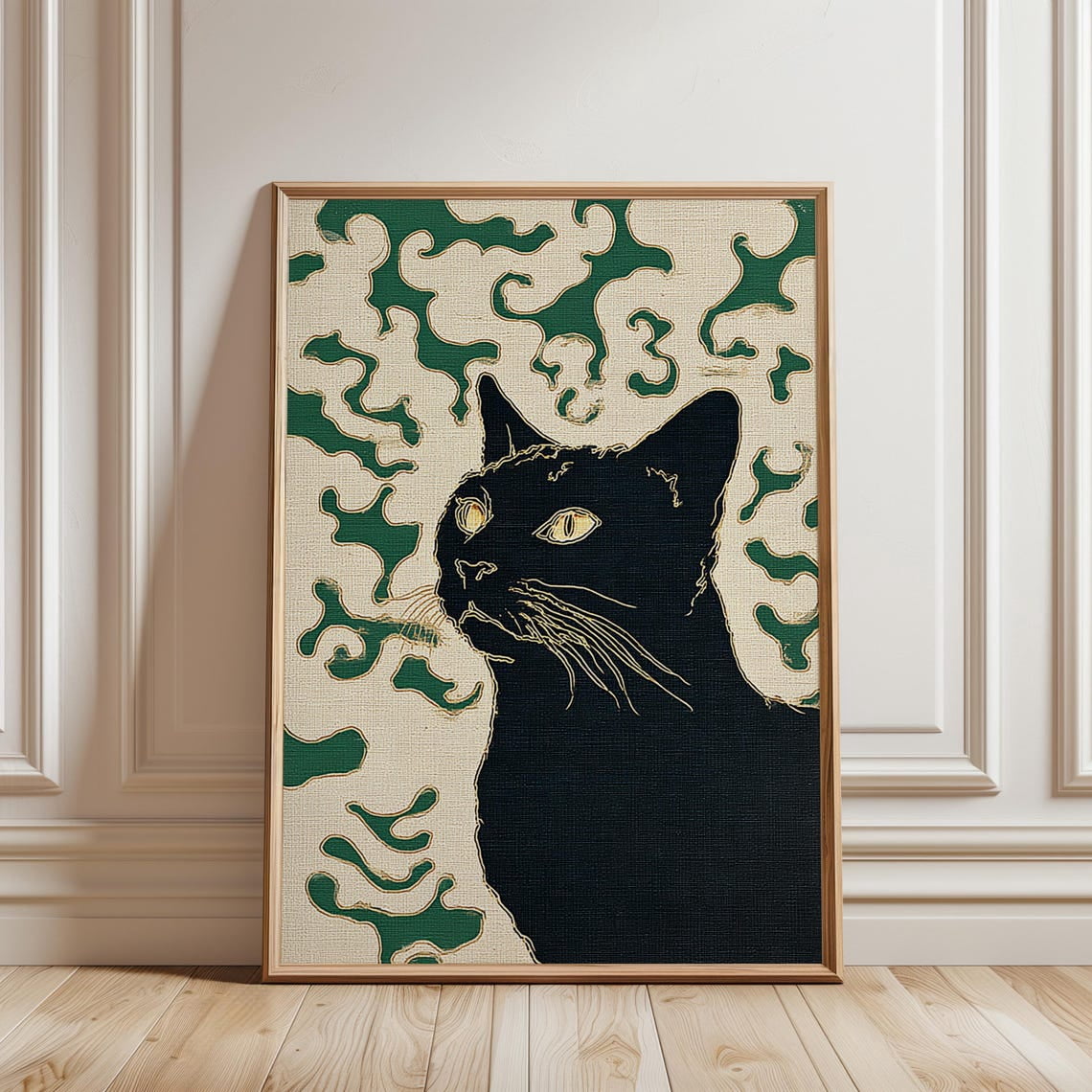 Black Cat Japanese Woodblock Style Cream and Green Animal Art Print ...
