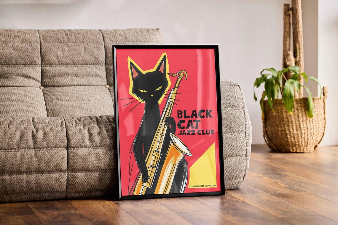 Black Cat Jazz Club Vintage Modern Wall Art Concert Decor Music ...
