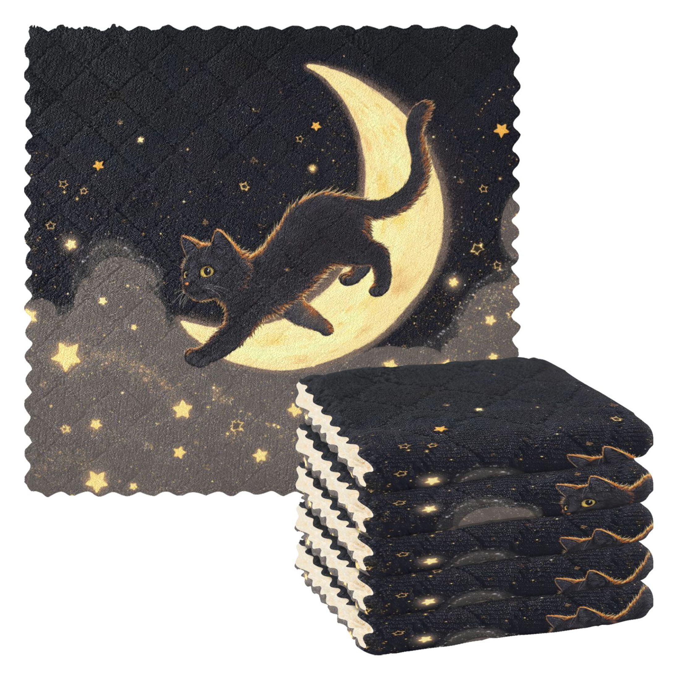 Black Cat Jumping in The Starlight Dish Towels 6 Pack Kitchen Cleaning ...