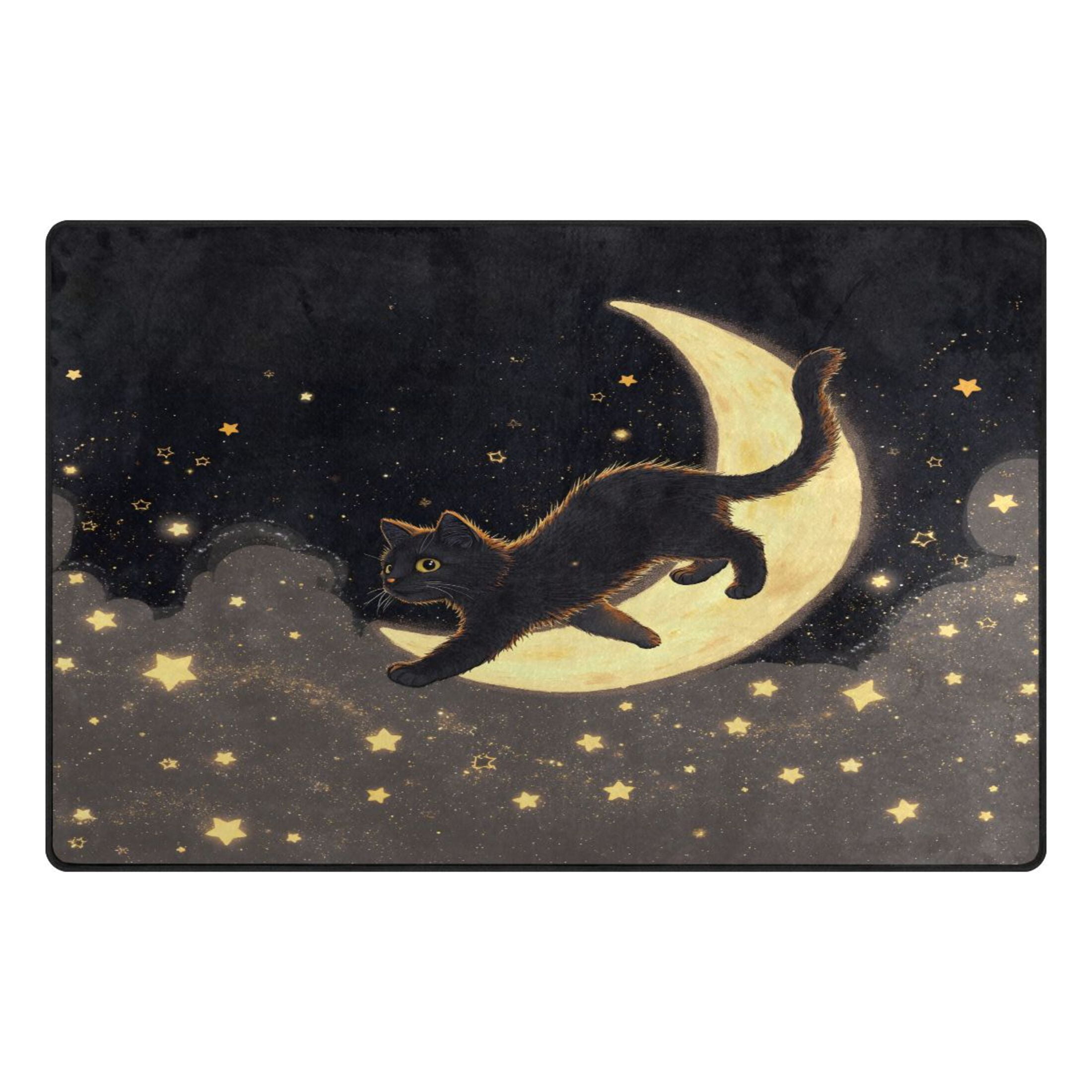 Black Cat Jumping in The Starlight Memory Foam Area Rug 60"x39" Non ...