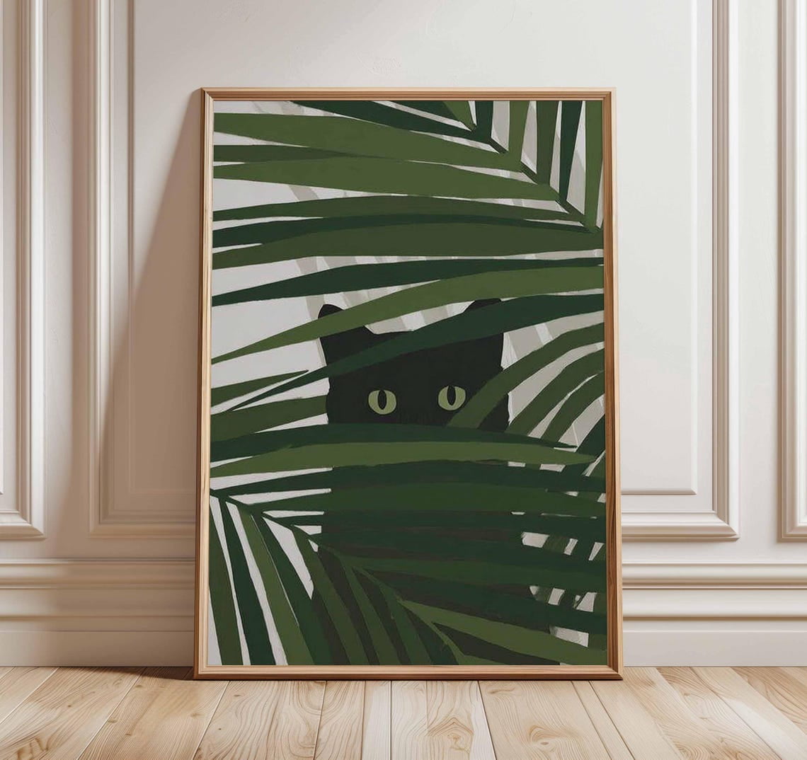 Black Cat Jungle Minimalist Botanical Modern Green Plant Decor Art ...