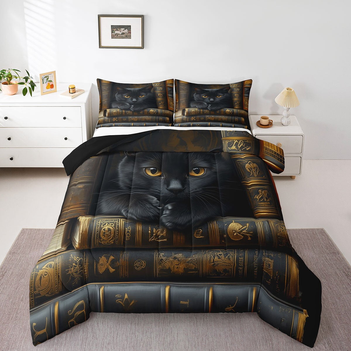 Black Cat Comforter Set,Magical Books Golden Boho Mandala Bedding Set ...