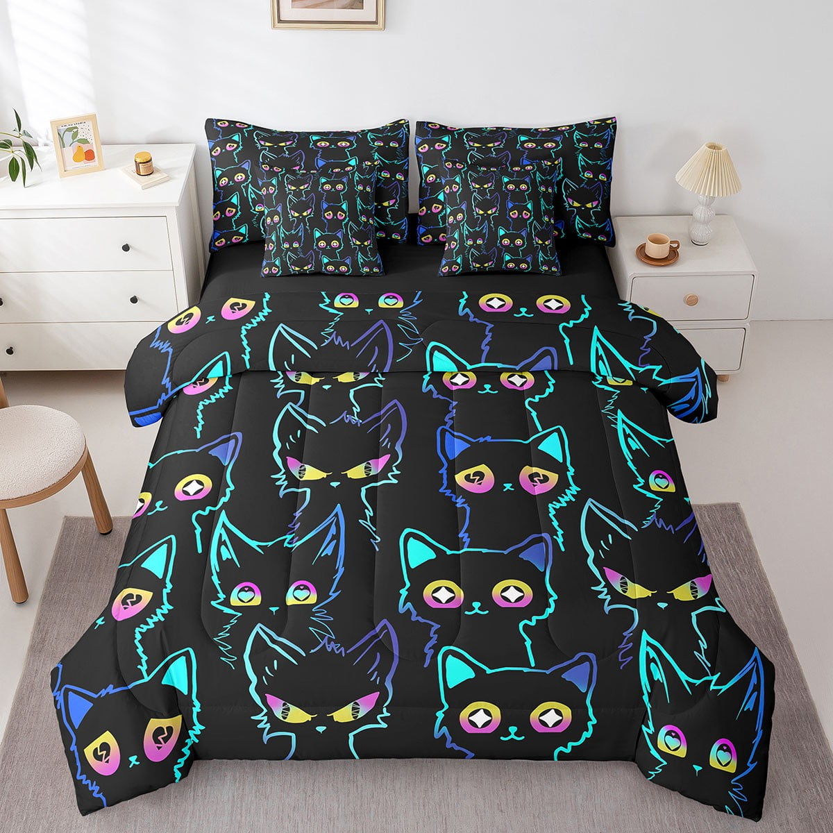 Black Cat King Size Bedding Sets, Gradient Line Cute Cat Bed in a Bag 7 ...