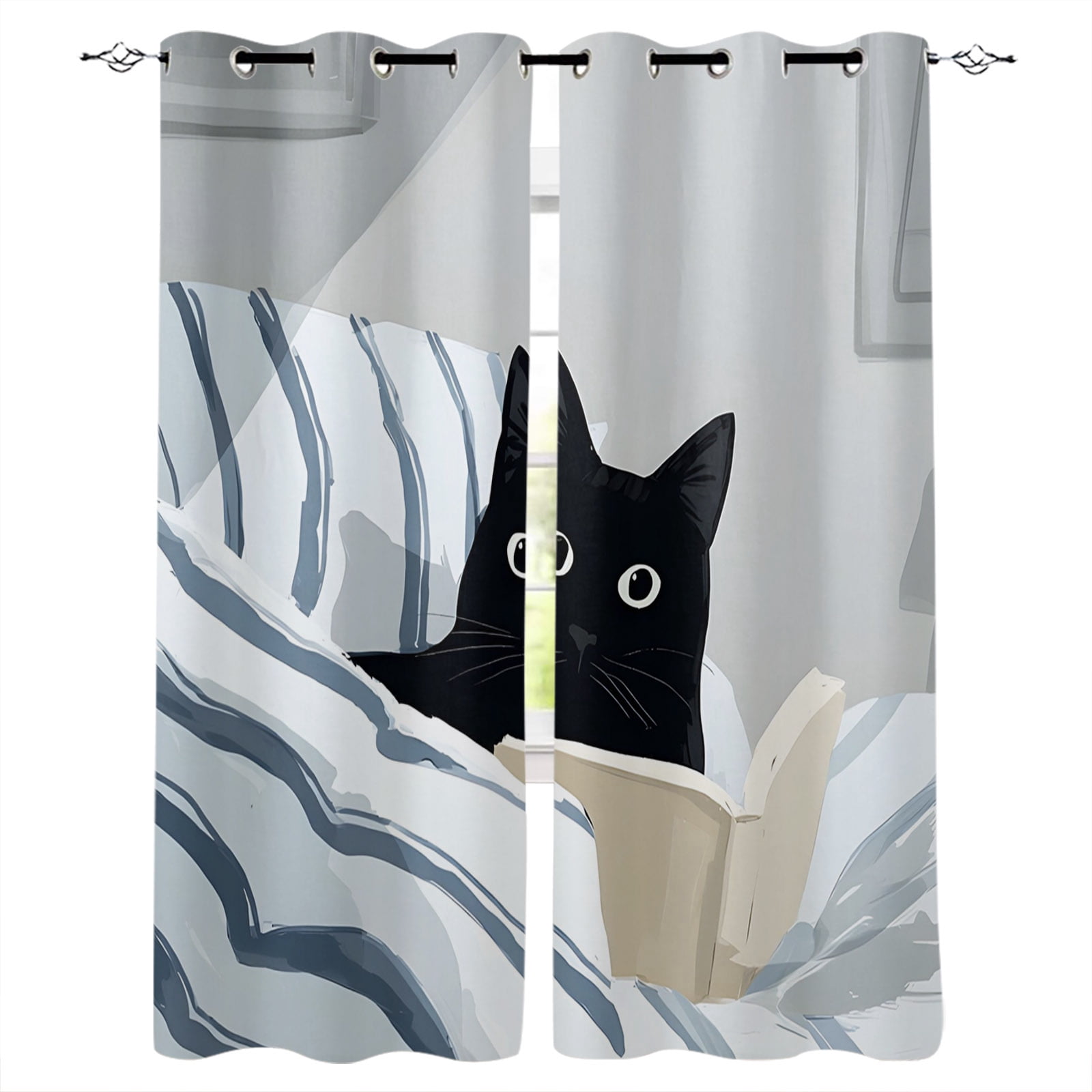 Black Cat Kitchen Curtains Cute Cartoon Blue Striped Modern Art Cafe ...