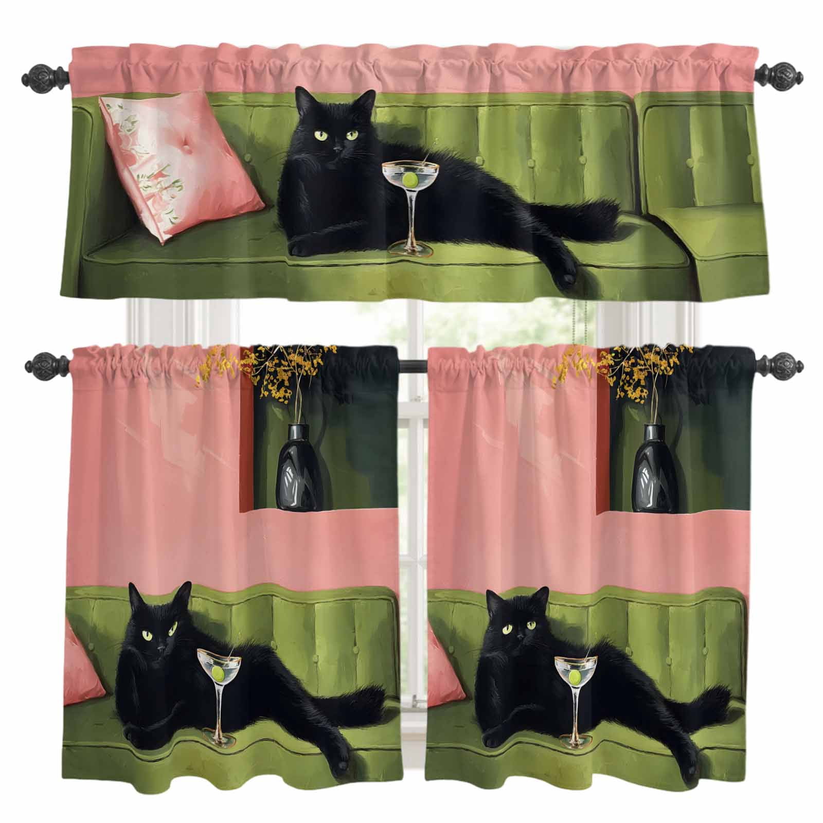 Black Cat Kitchen Curtains Set for Windows, Boho Chic Lack Animal ...