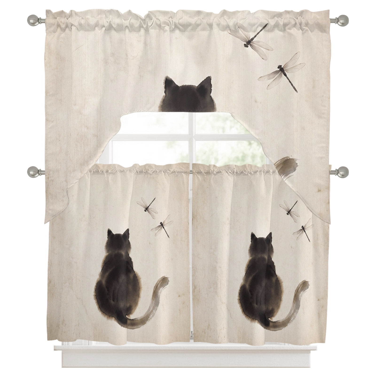 Black Cat Kitchen Curtains Swag Valance and Tier Curtains Set 24 Inch ...