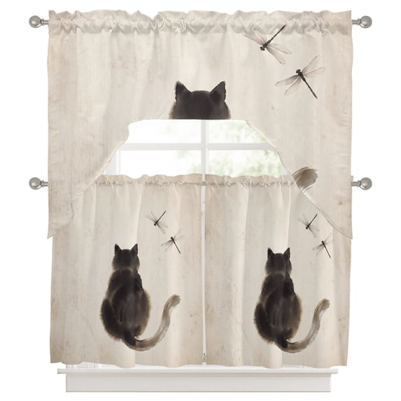 Black Cat Kitchen Curtains Swag Valance and Tier Curtains Set 24 Inch ...