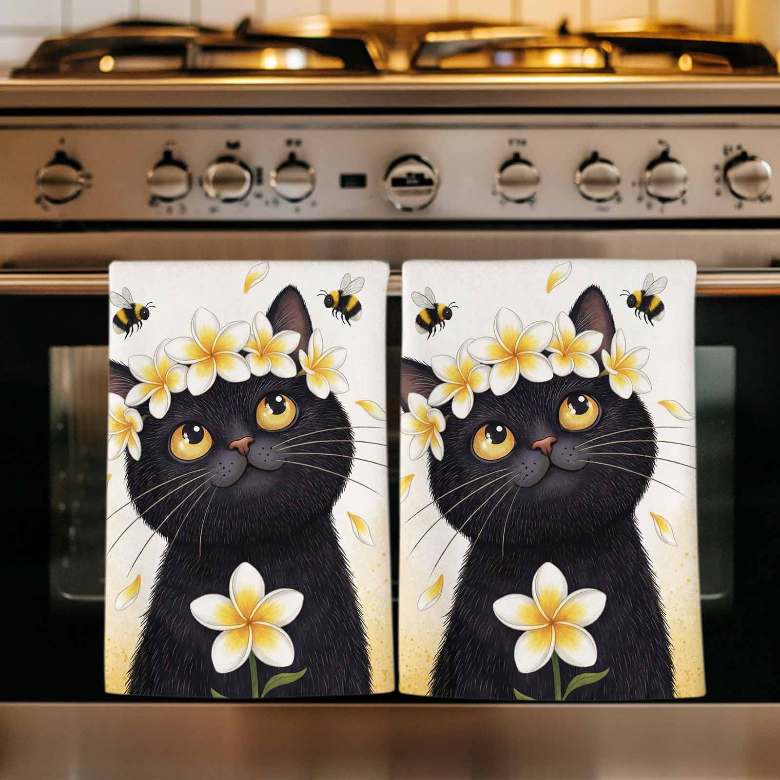Black Cat Kitchen Towels Set of 2, Cute Animals Bees Botanical Flowers ...