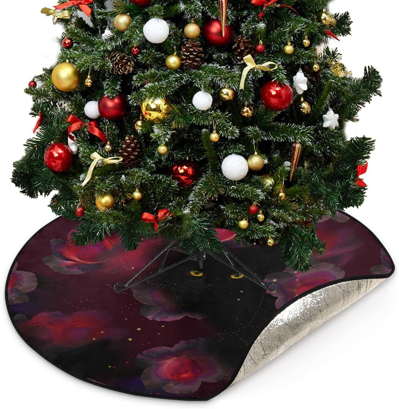 Black Cat Kitten Flower Christmas Tree Mats Waterproof Tree Skirt ...