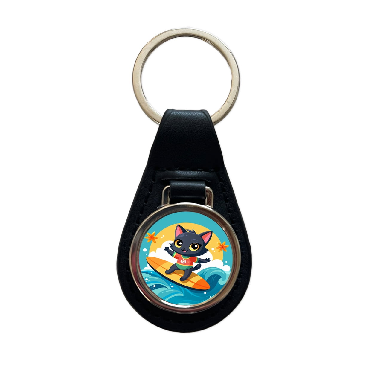 Black Cat Kitty Girl Surfing Metal Black Leather Keychain - Walmart.com