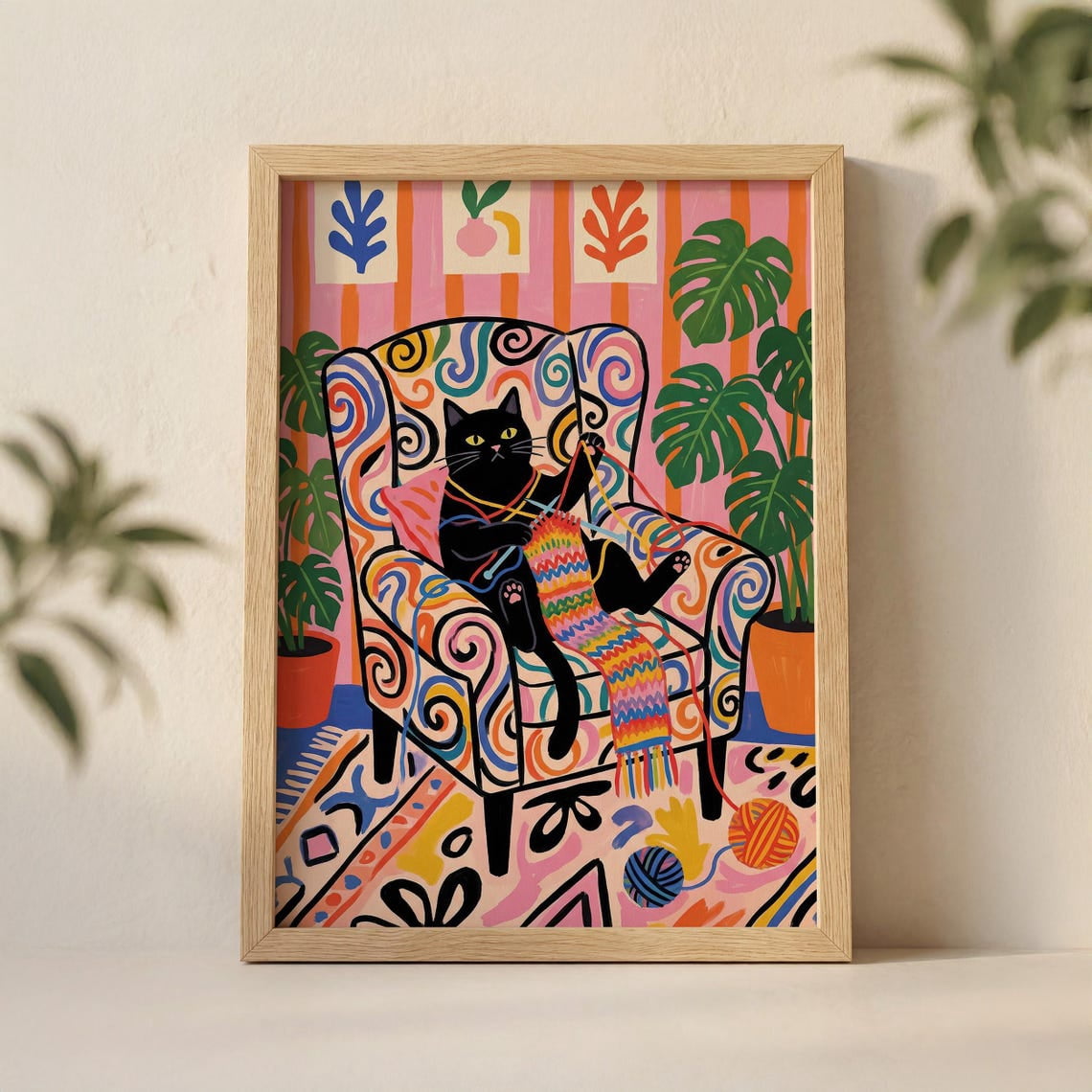 Black Cat Knitting Colorful Maximalist Illustration with Psychedelic ...