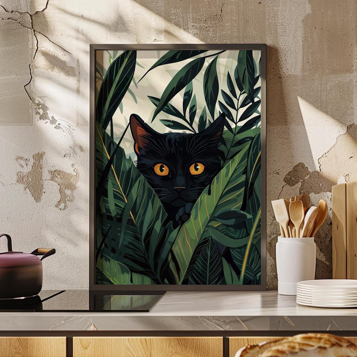 Black Cat Leaves Wall Art Botanical Boho Decor, Unframed Paper Print ...
