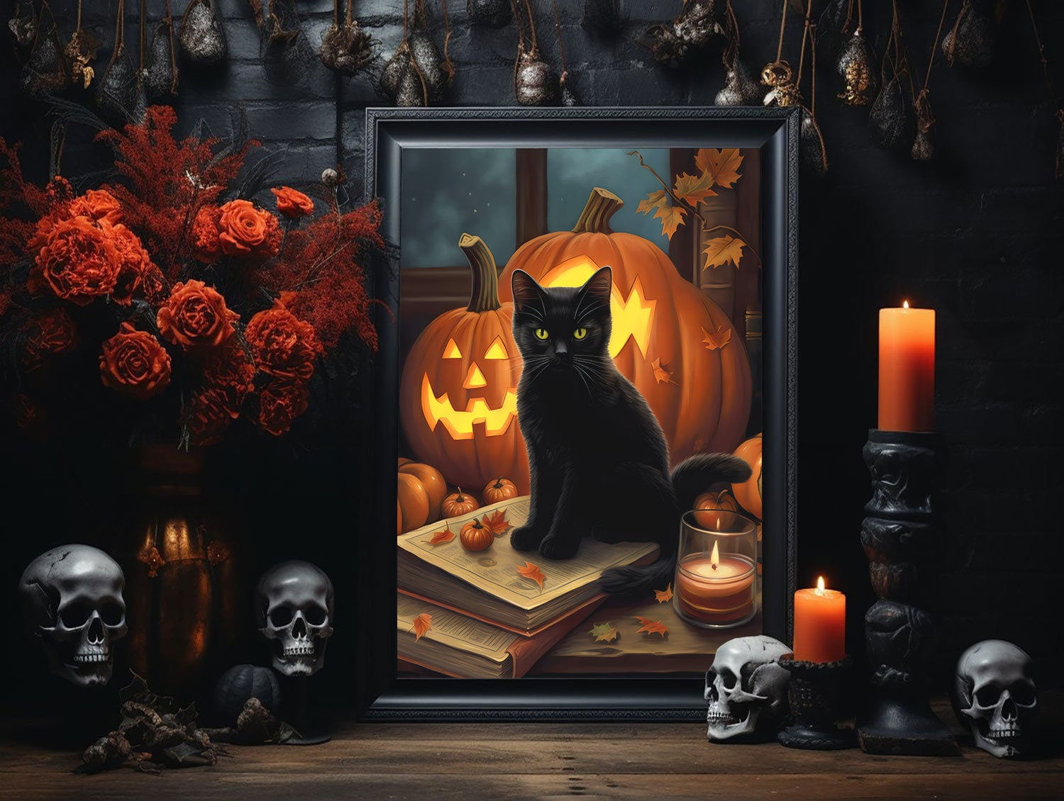 Black Cat in the Library Print, Halloween Wall Art Decor, Art Poster ...