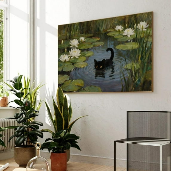 Black Cat Lily Pond Art - Whimsical Nature Home Decor, 12x18 UNFRAMED ...