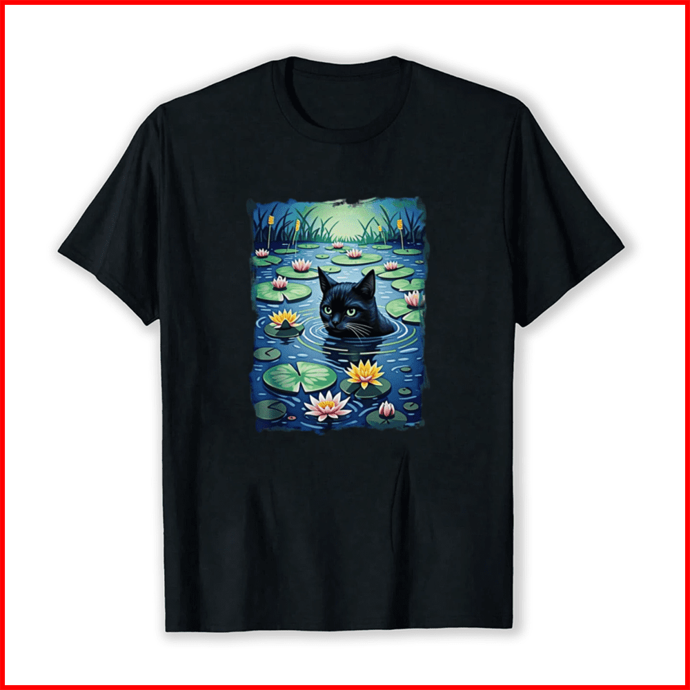 Black Cat Lily Pond Print Soft Breathable Summer Top Unisex T-Shirt, up ...