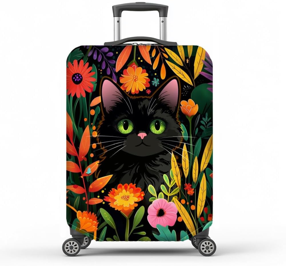 Black Cat Luggage Cover Flower Bushes Elastic Baggage Covers Animals ...