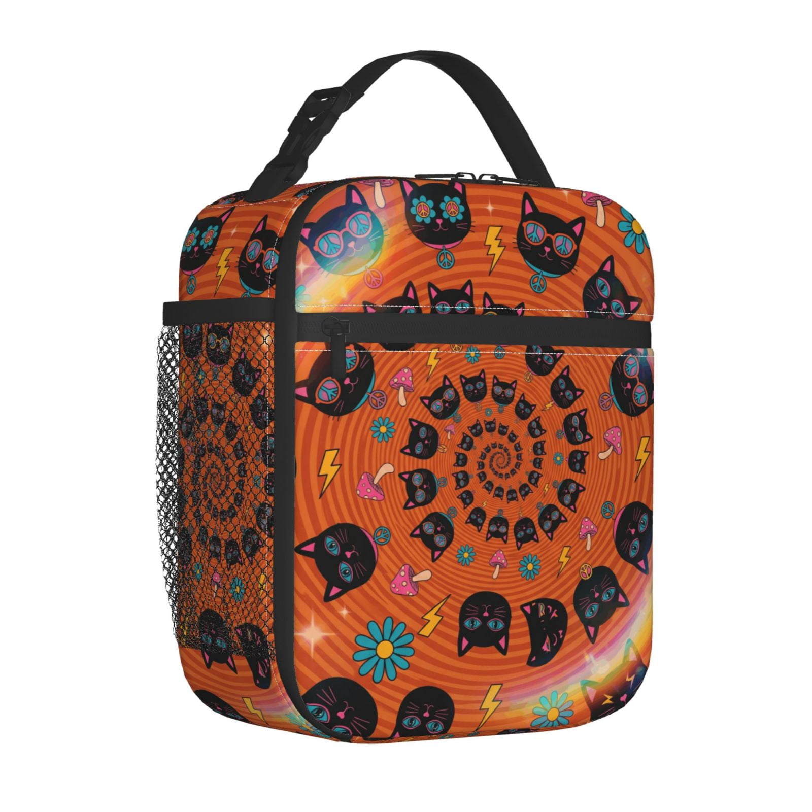 Black Cat Lunch Bag Floral Cat, Reusable Thermal Insulated for Hours ...