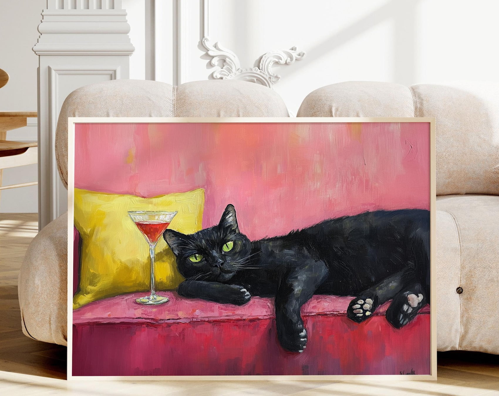 Black Cat with Martini Art Print, Cute Quirky Whimsical print, Cocktail ...