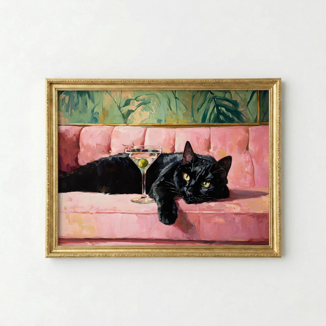 Black Cat Martini Bar Cart Decor Pink Sofa Quirky Pet Portrait Wall Art ...