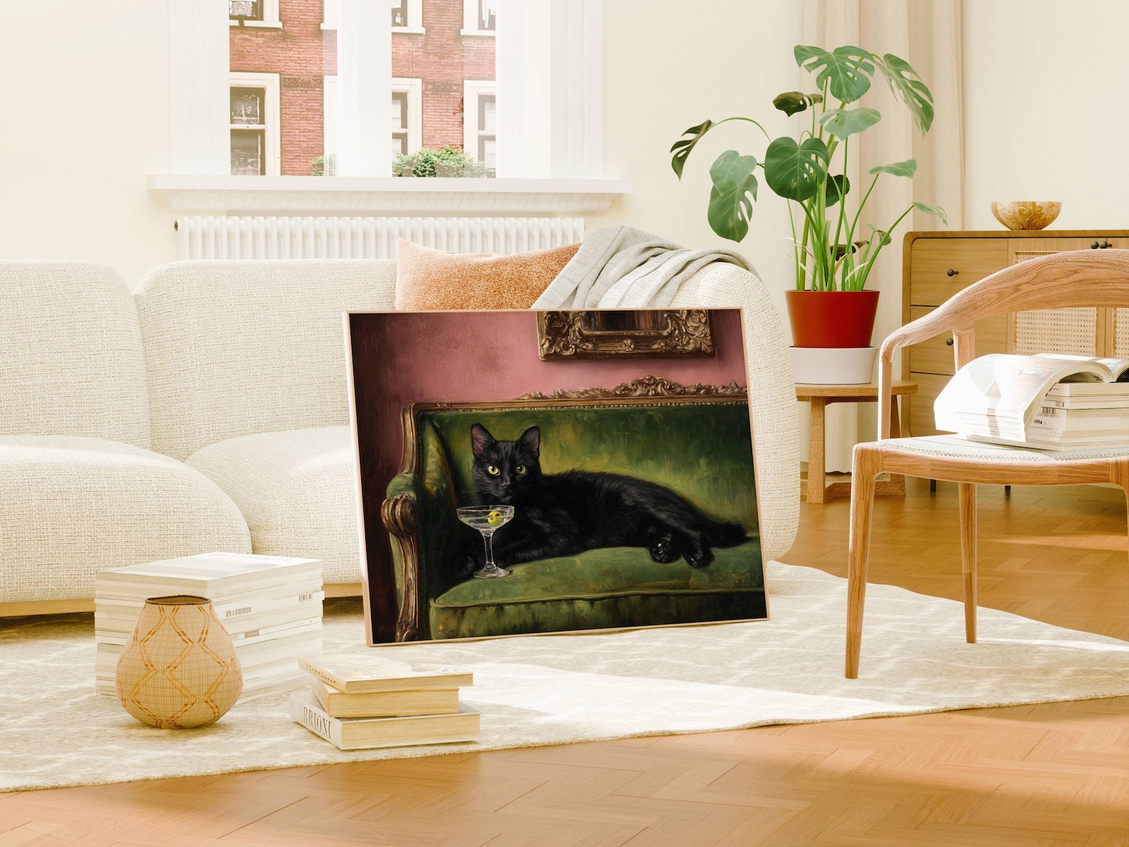 Black Cat Martini Oil Painting Print Regal Green Velvet Sofa Art ...