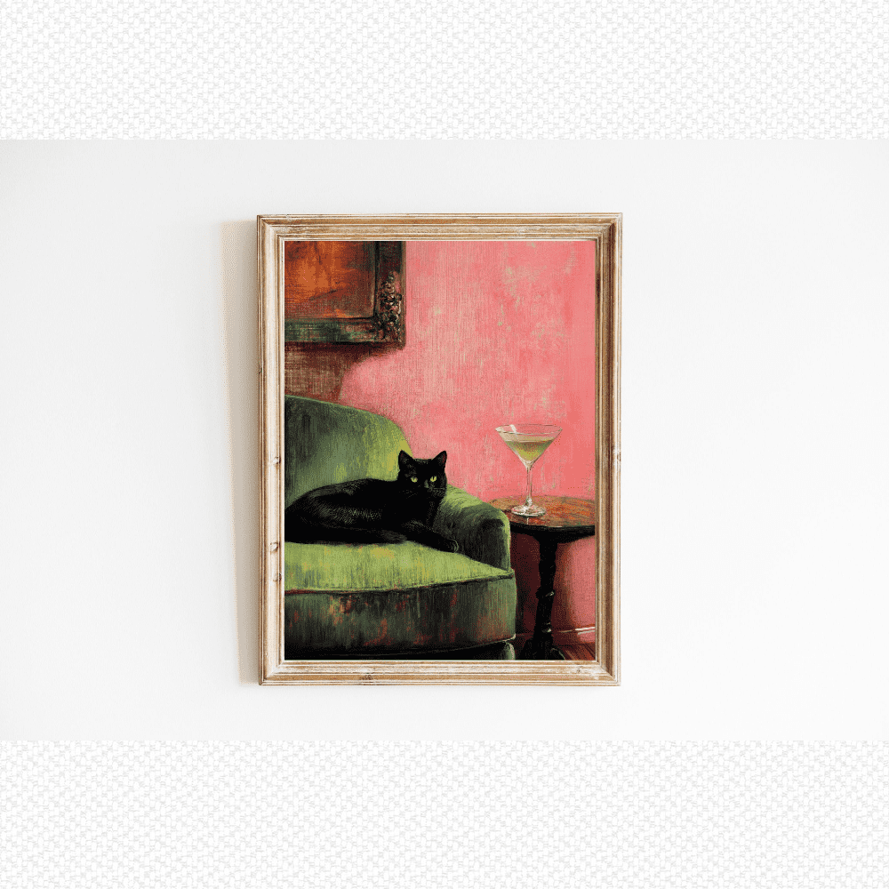 Black Cat With Martini Poster , Cute Quirky Whimsical , Cocktail Art ...