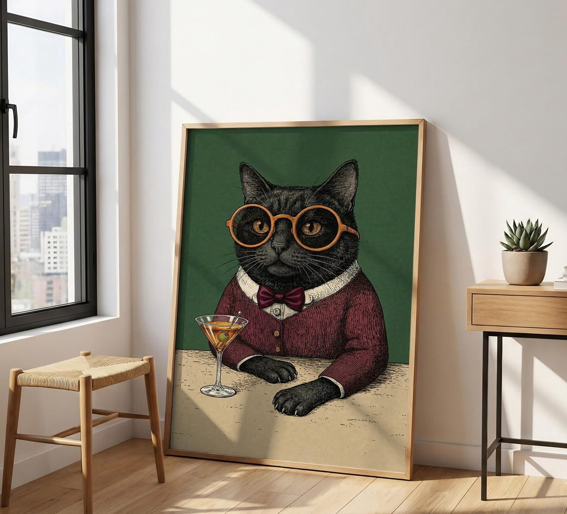 Black Cat Martini Vintage Bar Cart Funny Animal Whimsical Feline Retro ...