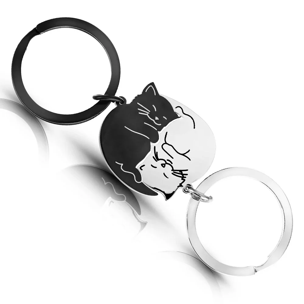 Black Cat Matching Couples Keychain Stainless Steel Puzzle Keyring ...