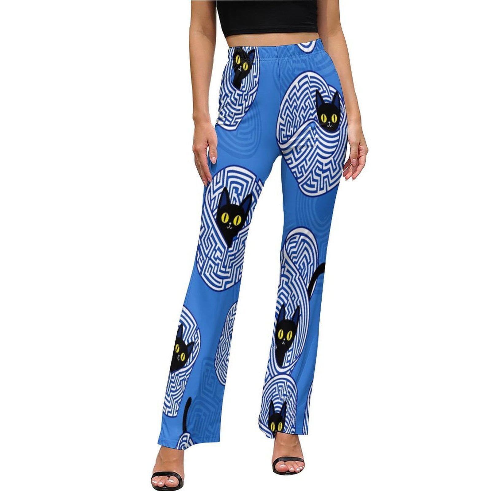 Black Cat Maze Print High Waisted Casual Flared Trousers Summer Home ...