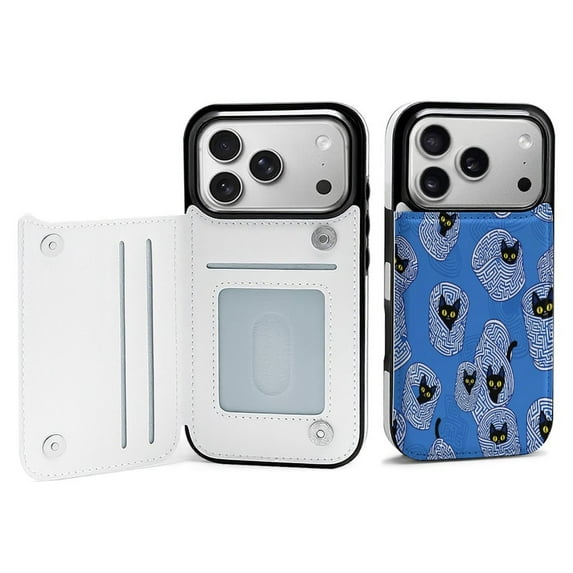 Black Cat Maze Print Leather Wallet Case for iPhone 14 Wallet Case Card ...