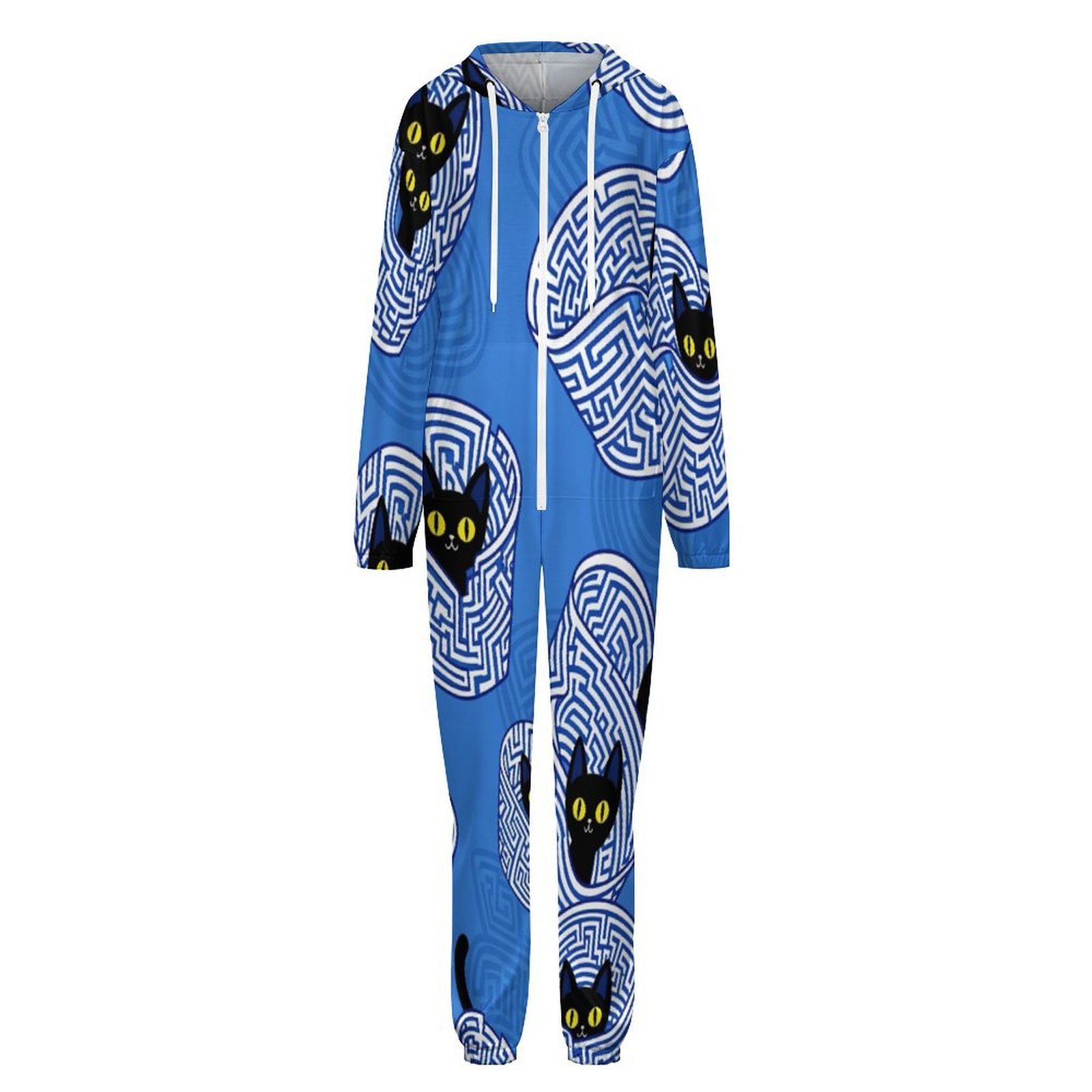 Black Cat Maze Print Unisex Adult Onesie Pajamas with Pockets for Women ...