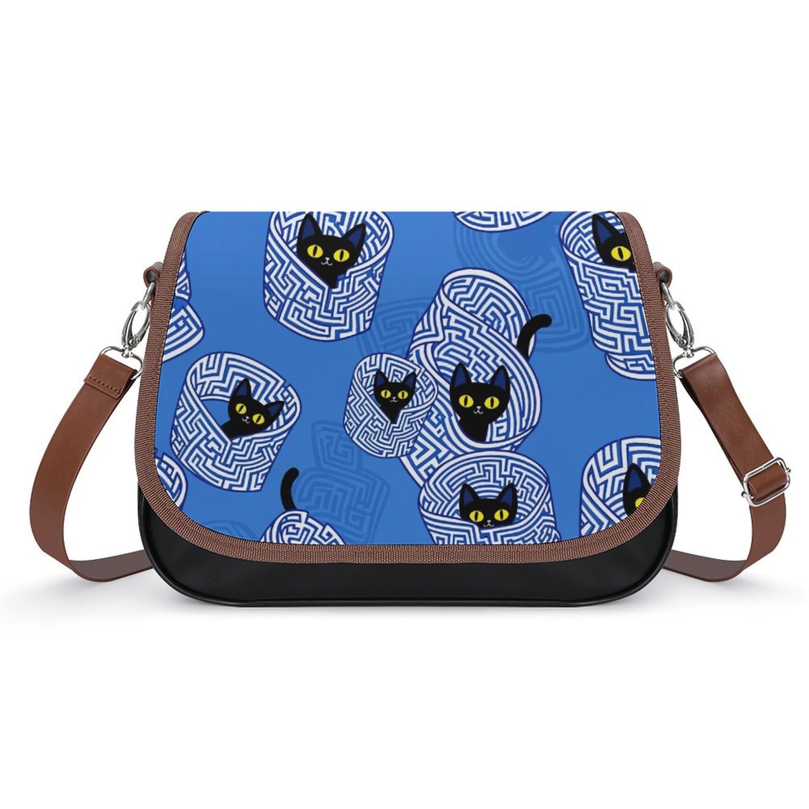 Black Cat Maze Print Vintage Crossbody Bag For Women Medium Leather ...