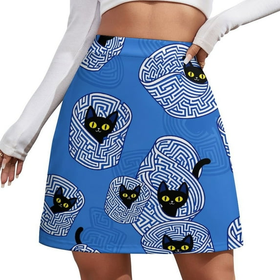 Black Cat Maze Print Women's High Waist Skirt Stretchy Casual Mini ...
