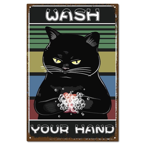 Black Cat Metal Sign Please Wash Your Hands Vintage Tin Poster Bathroom ...