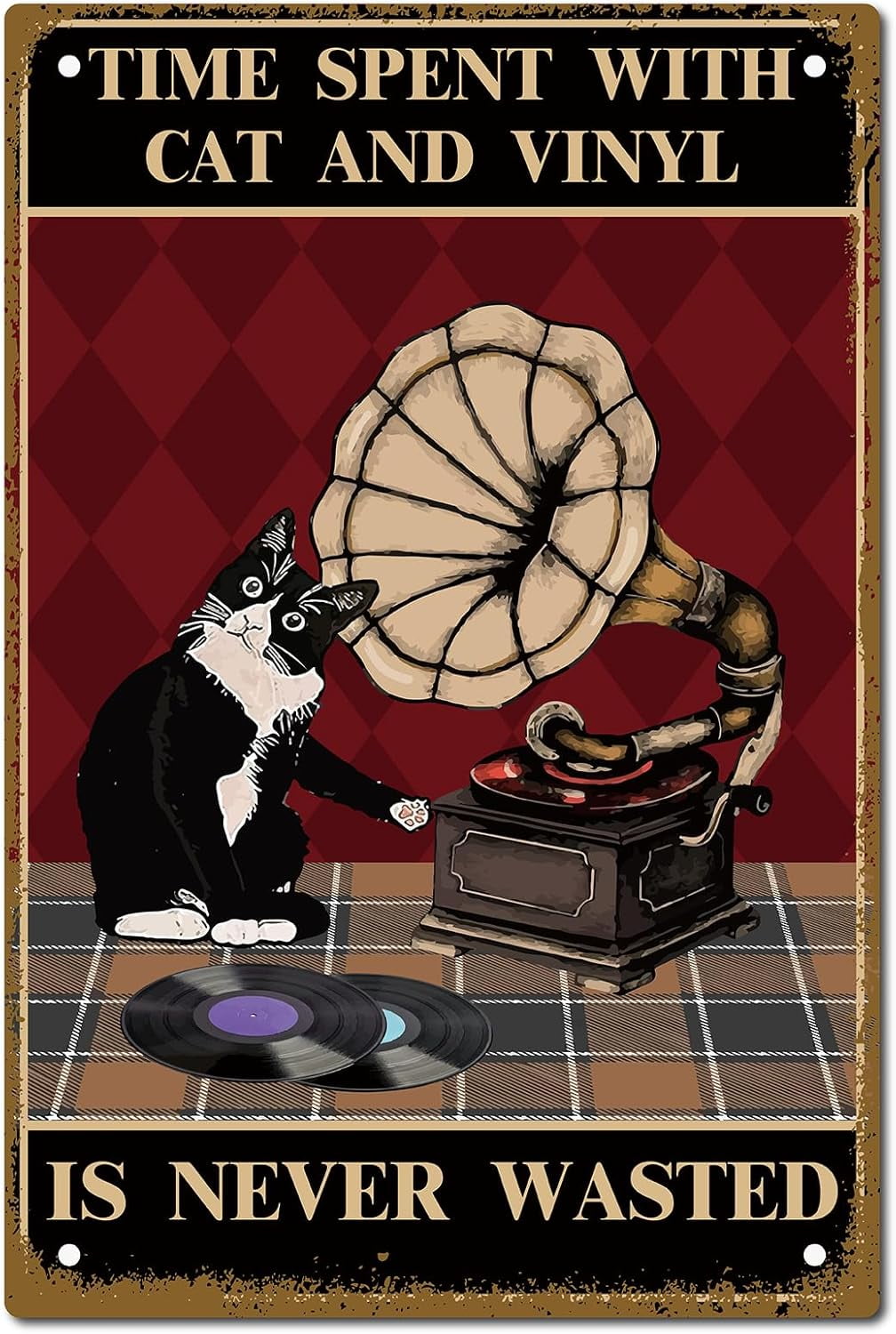 Black Cat Metal Tin Sign Decor Time Spent With Cat And Vinyl Is Never ...