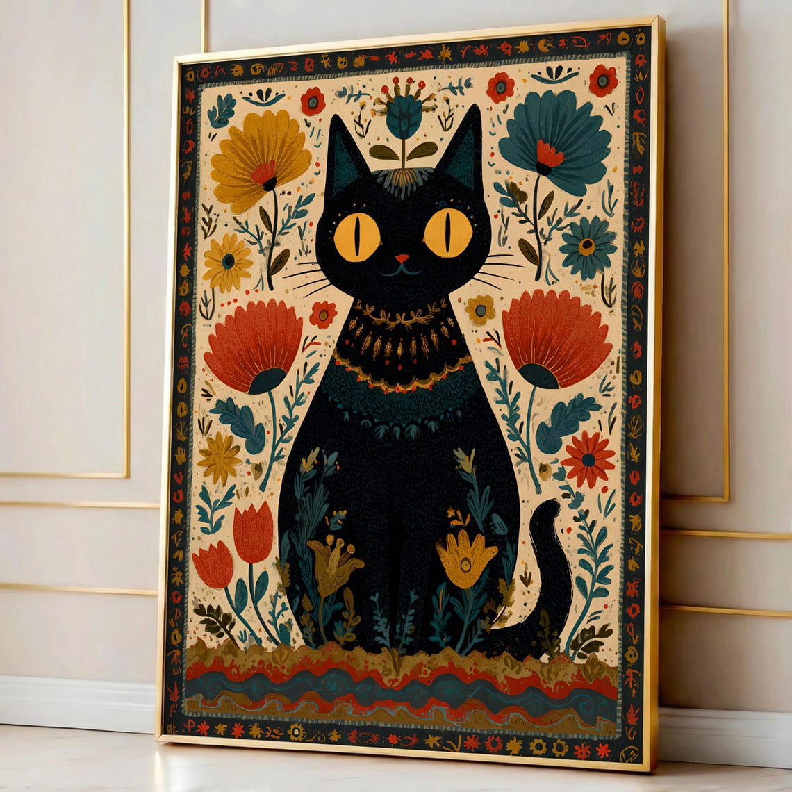 Black Cat Mexican Folk Floral Otomi Style Boho Maximalist Decor Lover ...