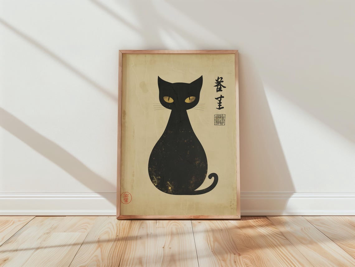 Black Cat Minimalist Asian Gold Eyes Zen Silhouette Beige Graphic ...